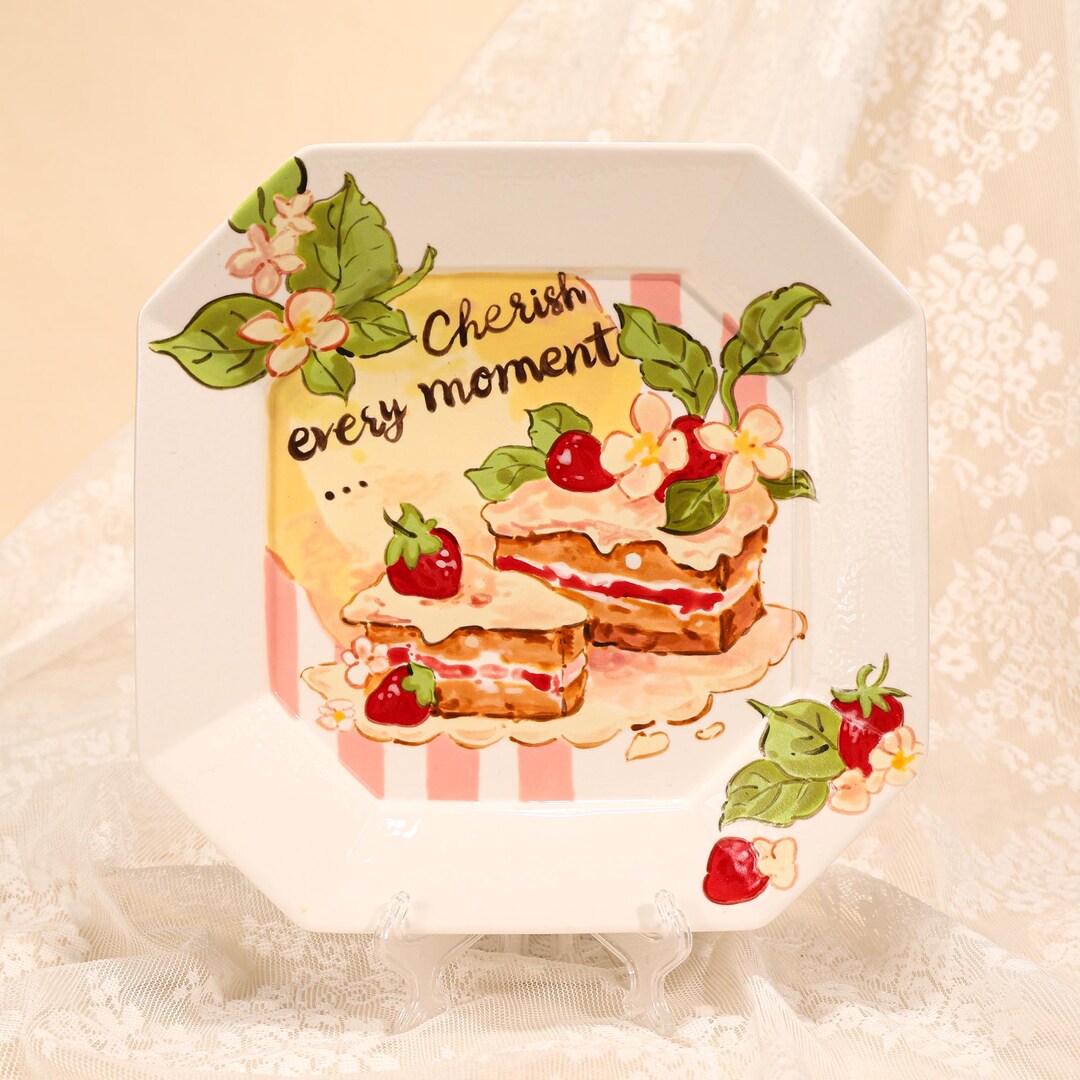 Custom Strawberry Cake Plate 22cm Hand Painted Coquette Ceramic Dessert ...