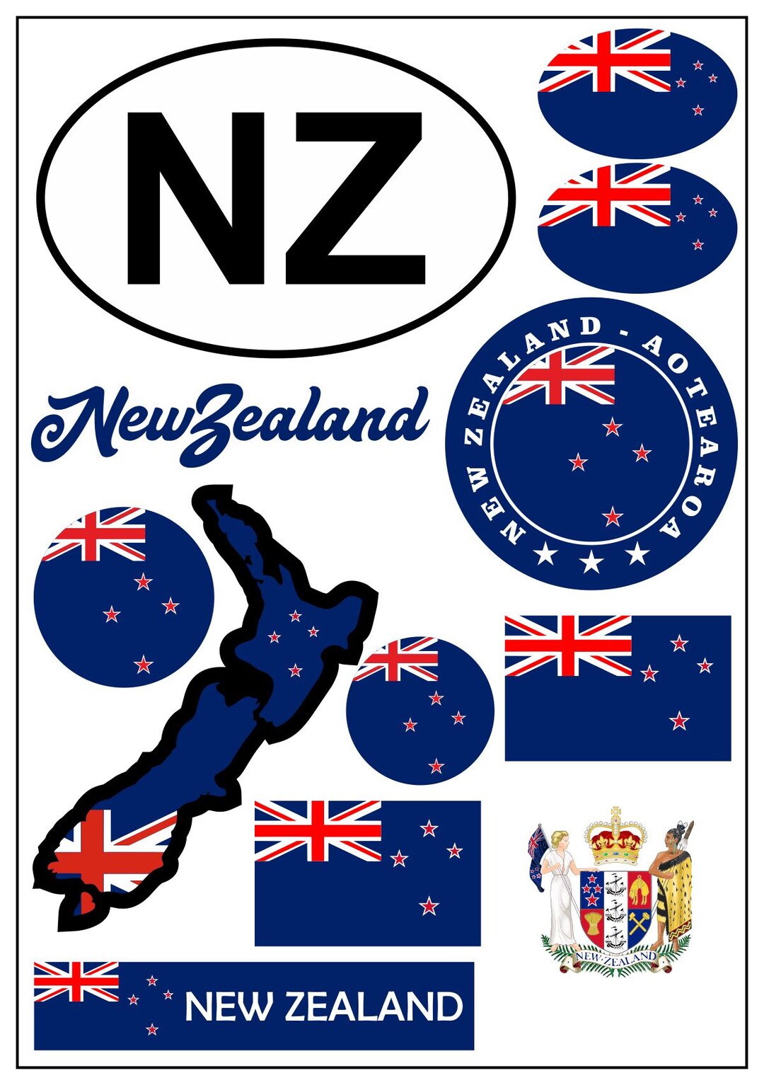 New Zealand Sticker Map 12 Pieces - Car Motorcycle Biker Flag Sticker ...