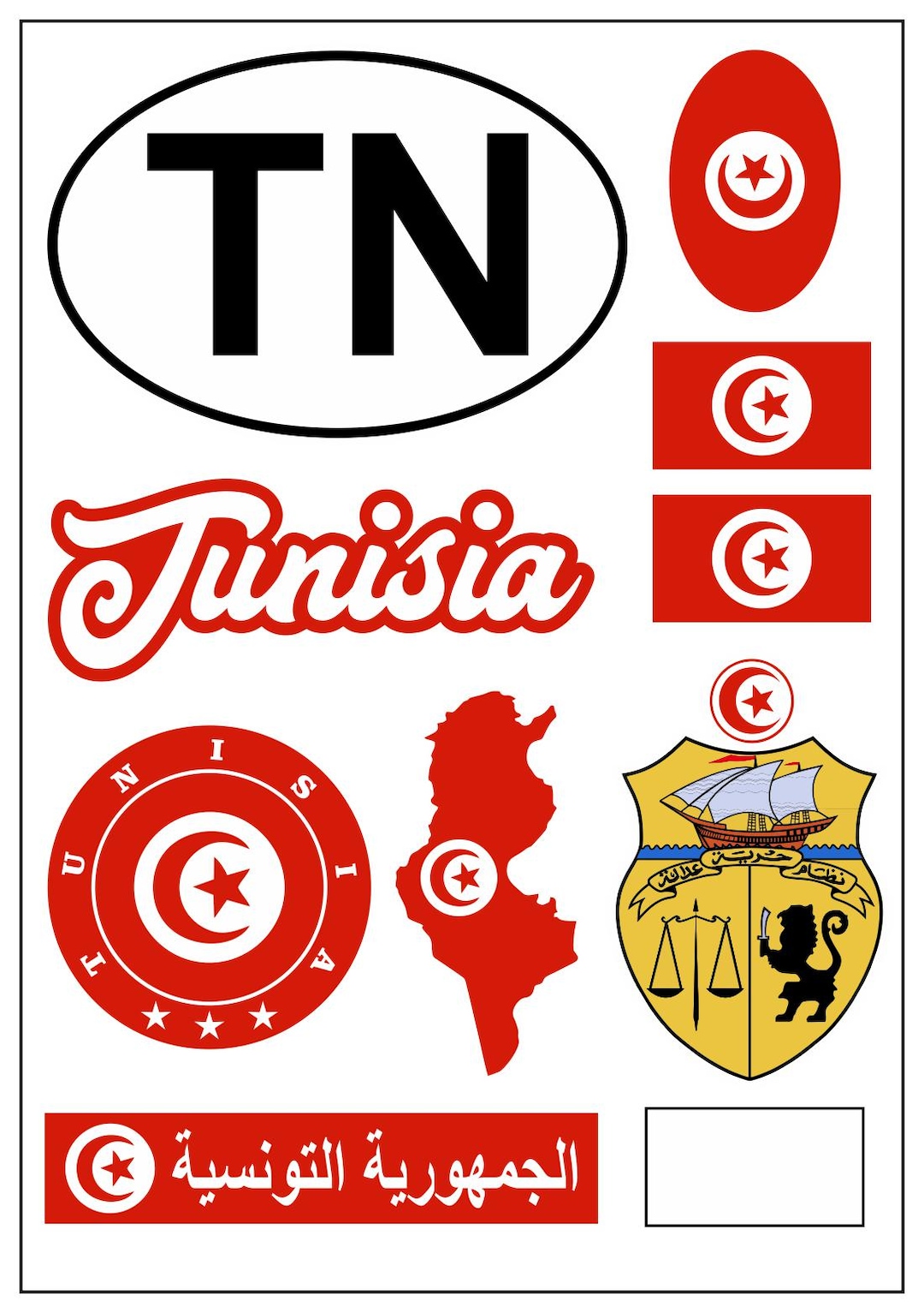 Tunisia Sticker Map 9 Pieces - Car Motorcycle Biker Flag Sticker Decal ...