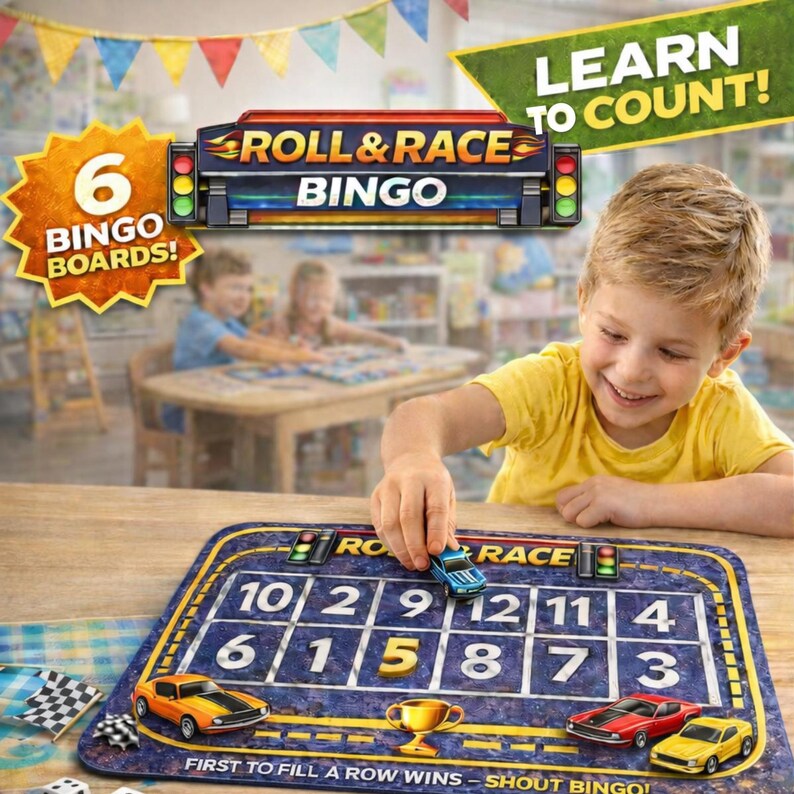 Race Car Bingo Game for Kids | Printable Counting Game | Preschool Math ...