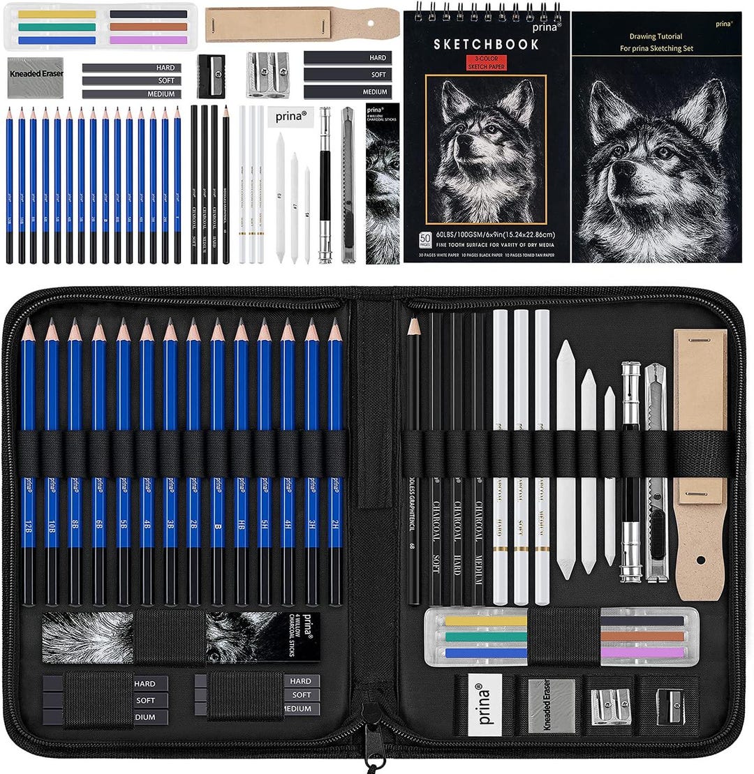 Artist Sketch Kit: Graphite & Charcoal Pencils With 3-color Sketchbook ...