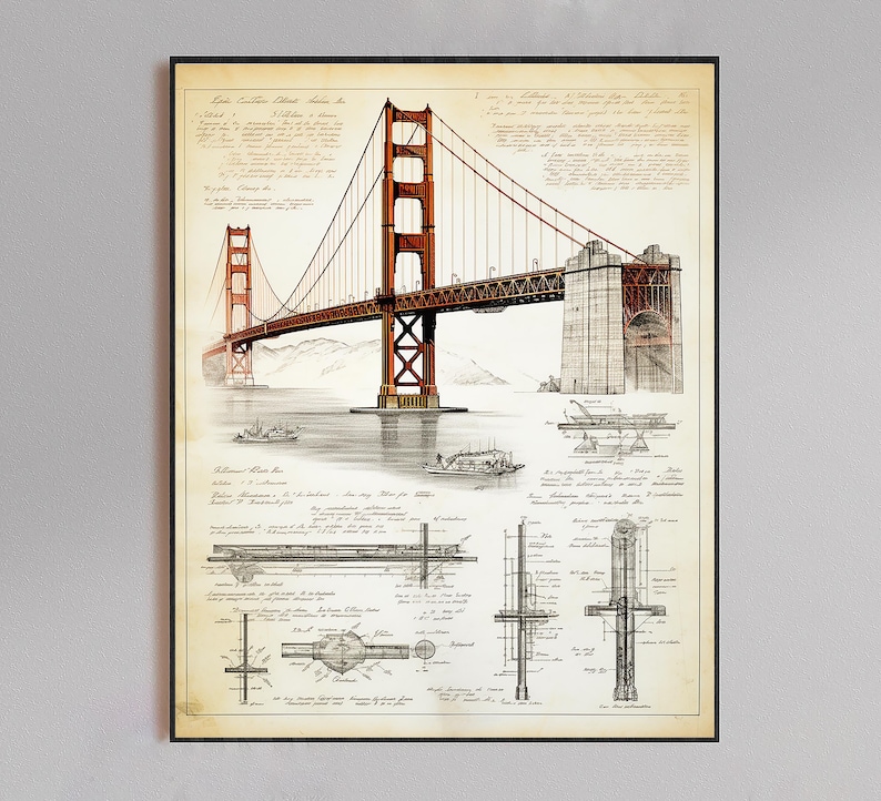 Golden Gate Bridge Blueprint Poster | Vintage Architectural Print - Etsy
