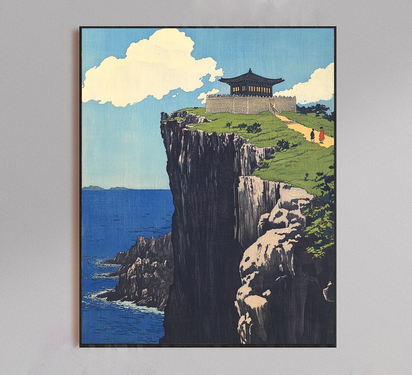 Japanese Coastal Cliff Pavilion Painting Poster | Japanese Landscape ...