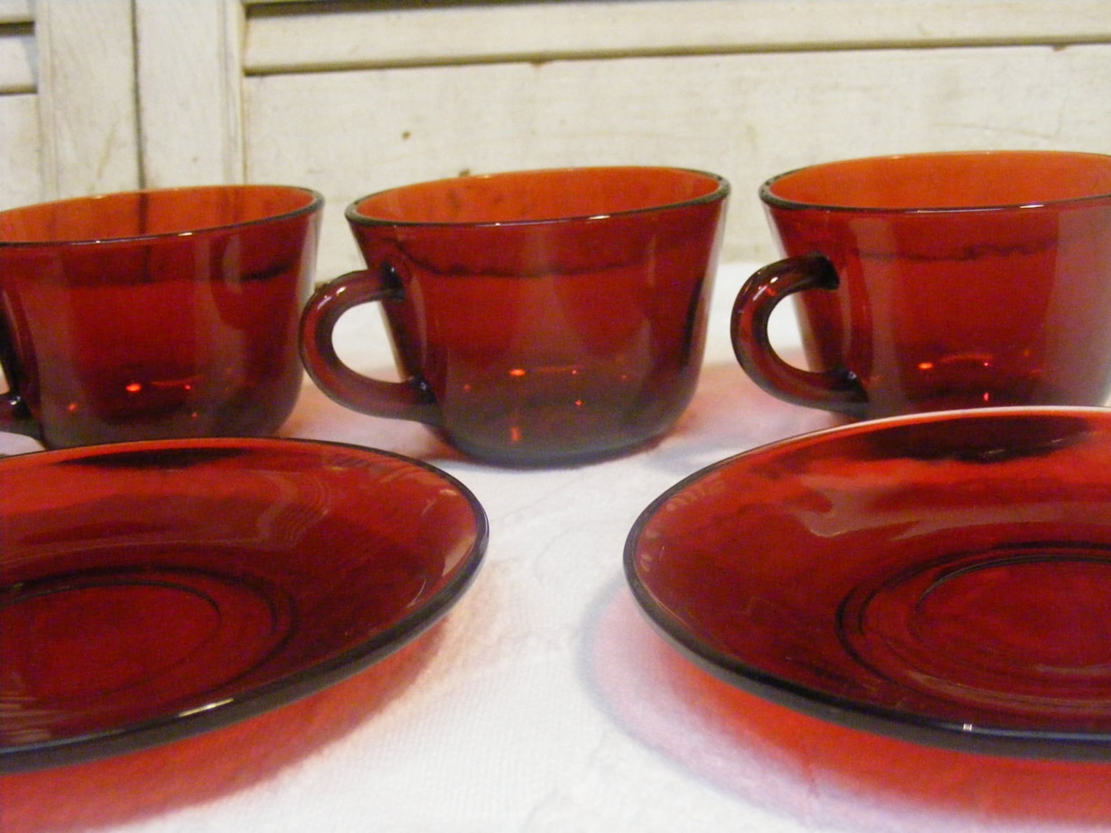 Set of Four Ruby Red Cup and Saucers, Red Glass Cup and Saucers - Etsy
