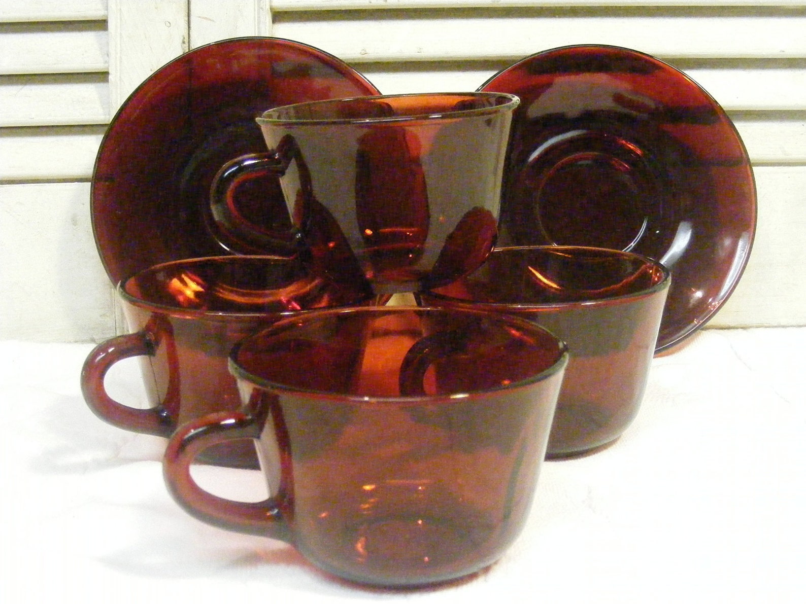 Set of Four Ruby Red Cup and Saucers, Red Glass Cup and Saucers - Etsy