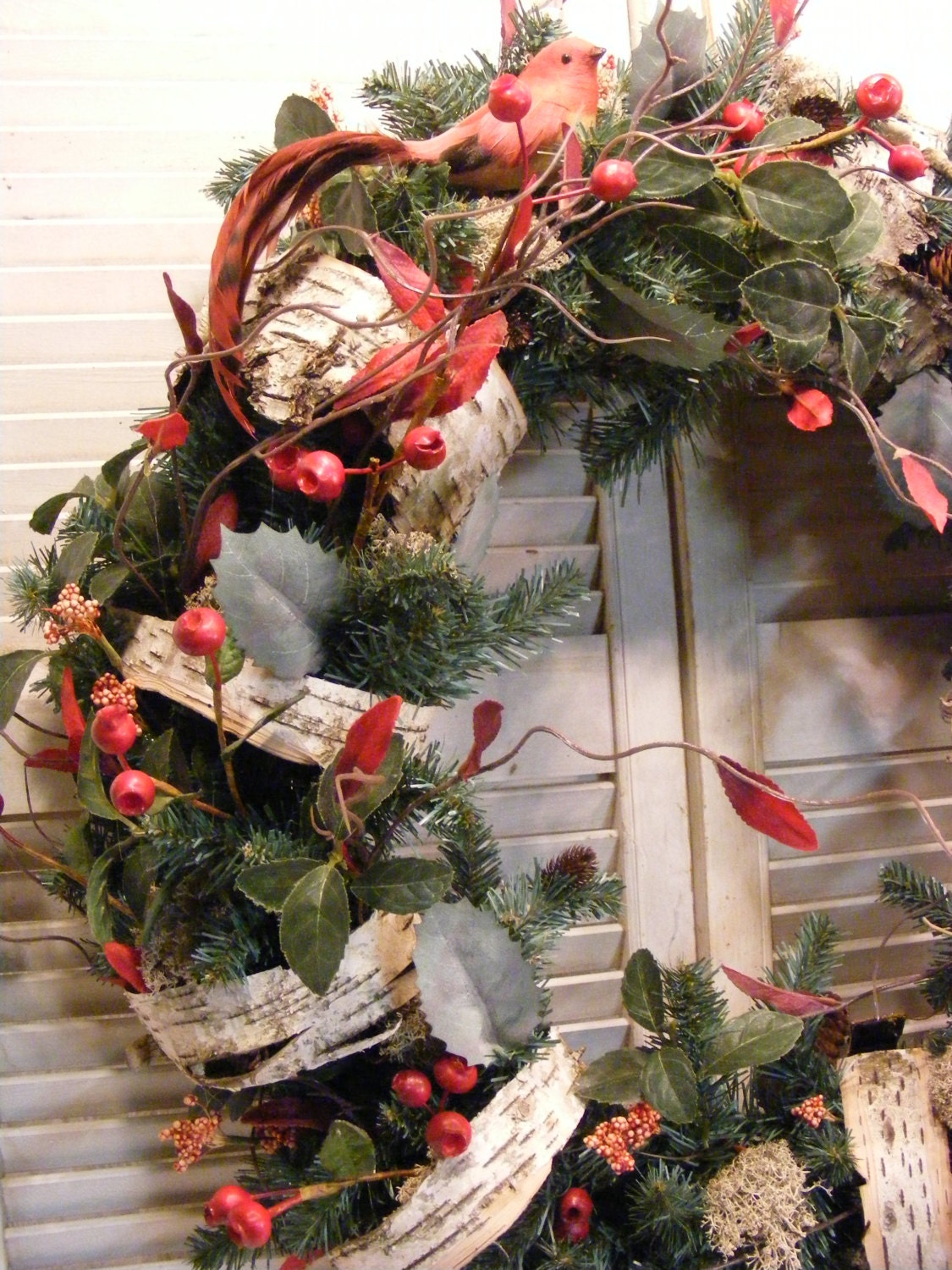 Rustic Woodland Evergreen and Birch Wreath With Craft Basket and Grapes ...
