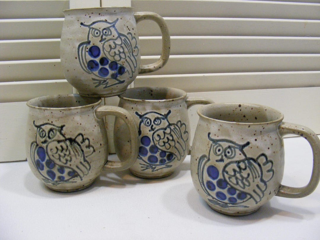 Set of 4 Pottery Coffee Mugs With Hand Painted Owls - Etsy