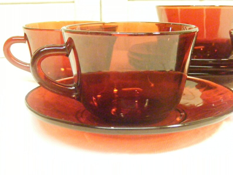 Set of Four Ruby Red Cup and Saucers, Red Glass Cup and Saucers - Etsy