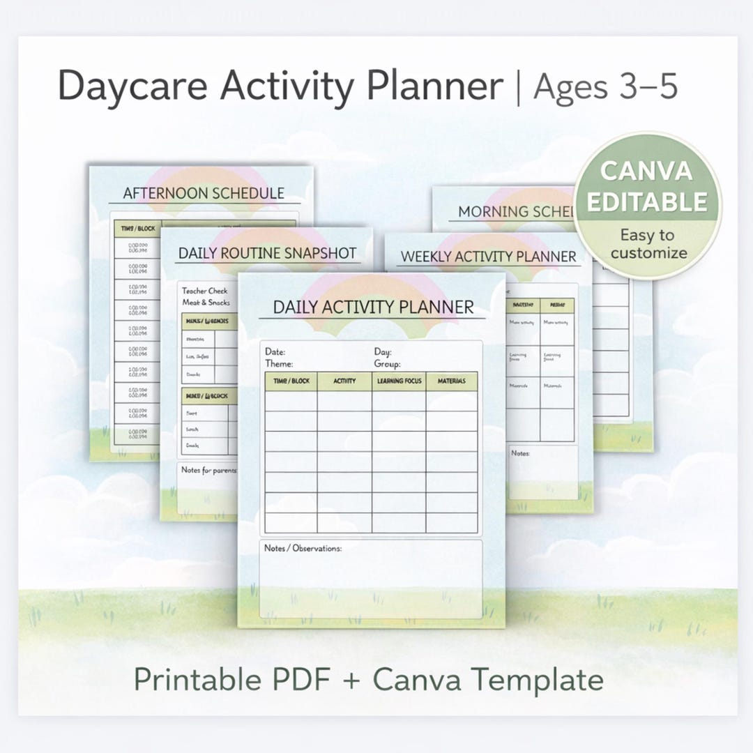 Daycare Activity Planner Ages 3-5 | Preschool Teacher Schedule (canva ...