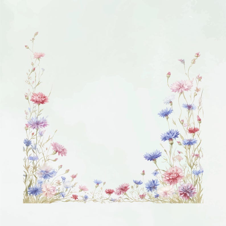 Watercolor Floral Border Clipart, 10 PNG/JPG, Romantic Wildflowers ...