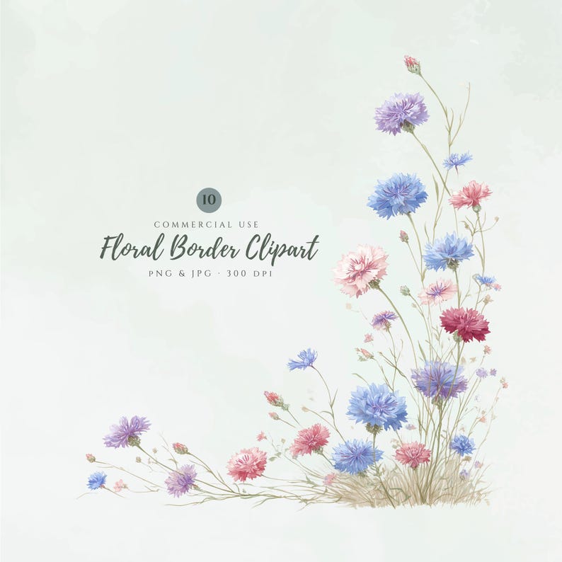 Watercolor Floral Border Clipart, 10 PNG/JPG, Romantic Wildflowers ...