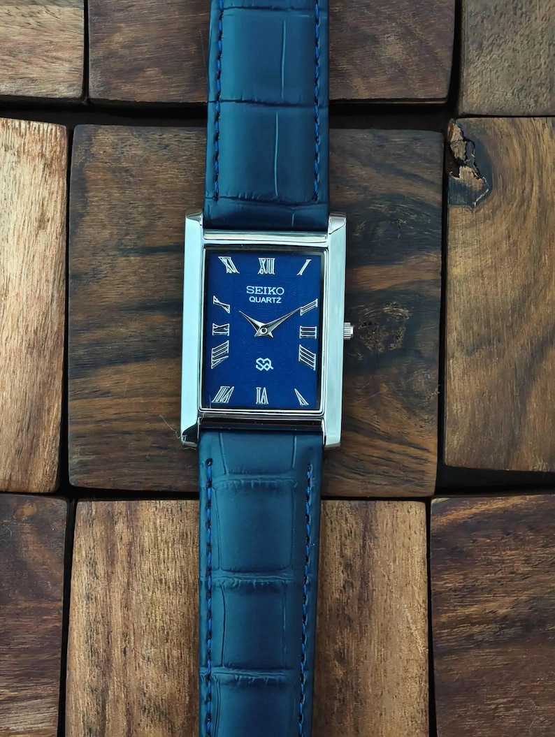 Classic Vintage Seiko Tank Style Watch – Blue Dial Retro Dress Watch ...