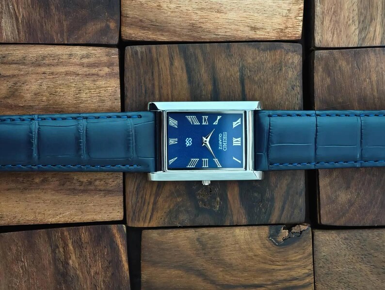 Classic Vintage Seiko Tank Style Watch – Blue Dial Retro Dress Watch ...