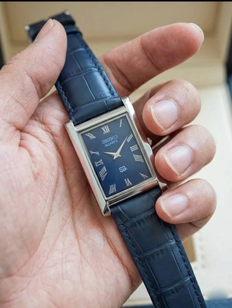 Classic Vintage Seiko Tank Style Watch – Blue Dial Retro Dress Watch ...