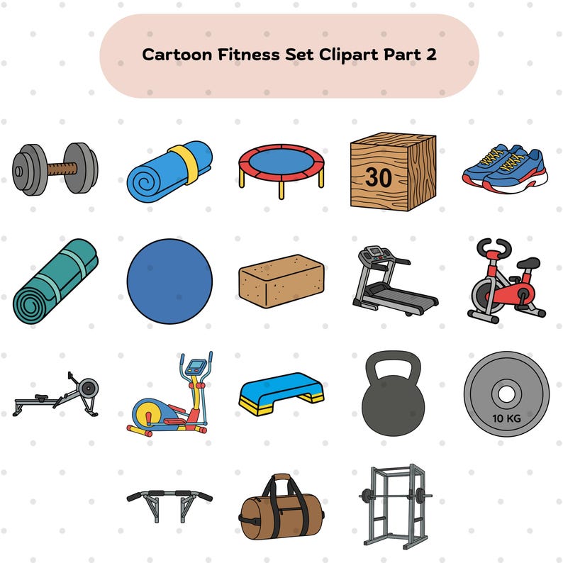 Set di clipart di fitness dei cartoni animati, grafica di attrezzature ...