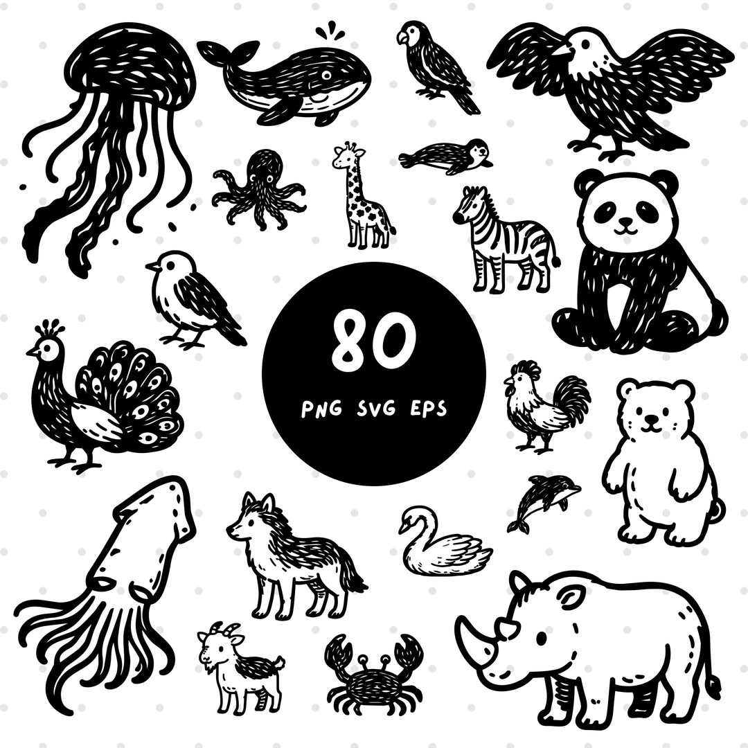 80 Hand Drawn Animal Clipart Bundle, Doodle Farm Wild Creatures PNG SVG ...