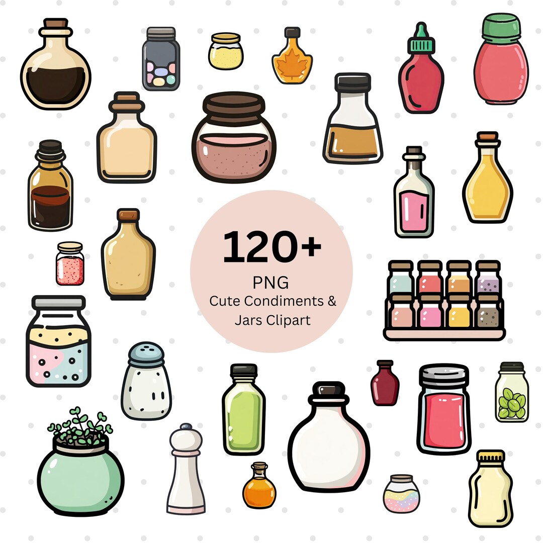 120+ Cute Condiments Clipart, Kitchen Jars & Spices PNG, Kawaii Food ...