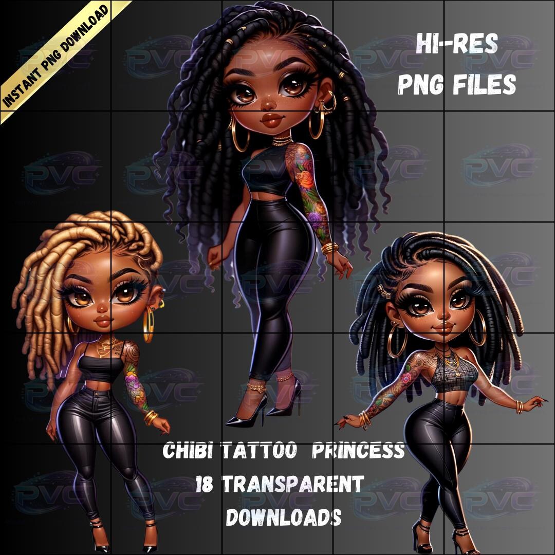 Chibi Black Girl Tattoo PNG Bundle | Edgy Clipart (digital Download ...