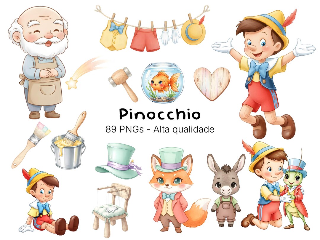 Pinocchio Watercolor Clipart Bundle, Geppetto Blue Fairy Jiminy Cricket ...