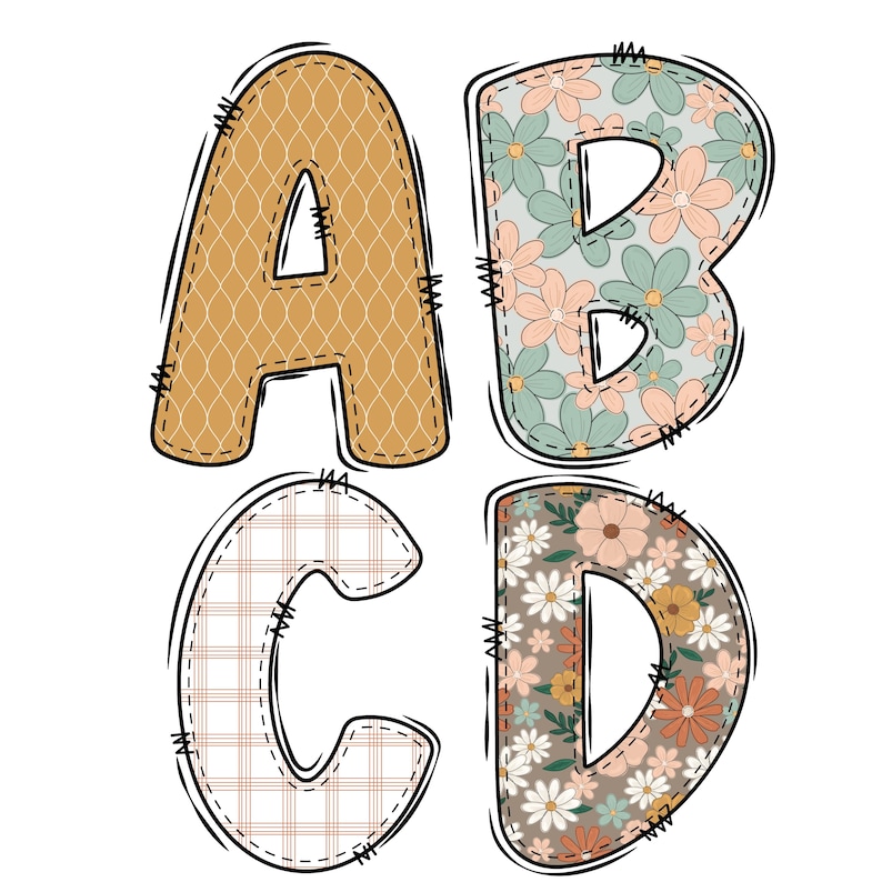 Boho Floral Alphabet Clipart PNG Bundle | 4 Print A–Z Uppercase + 1–9 ...