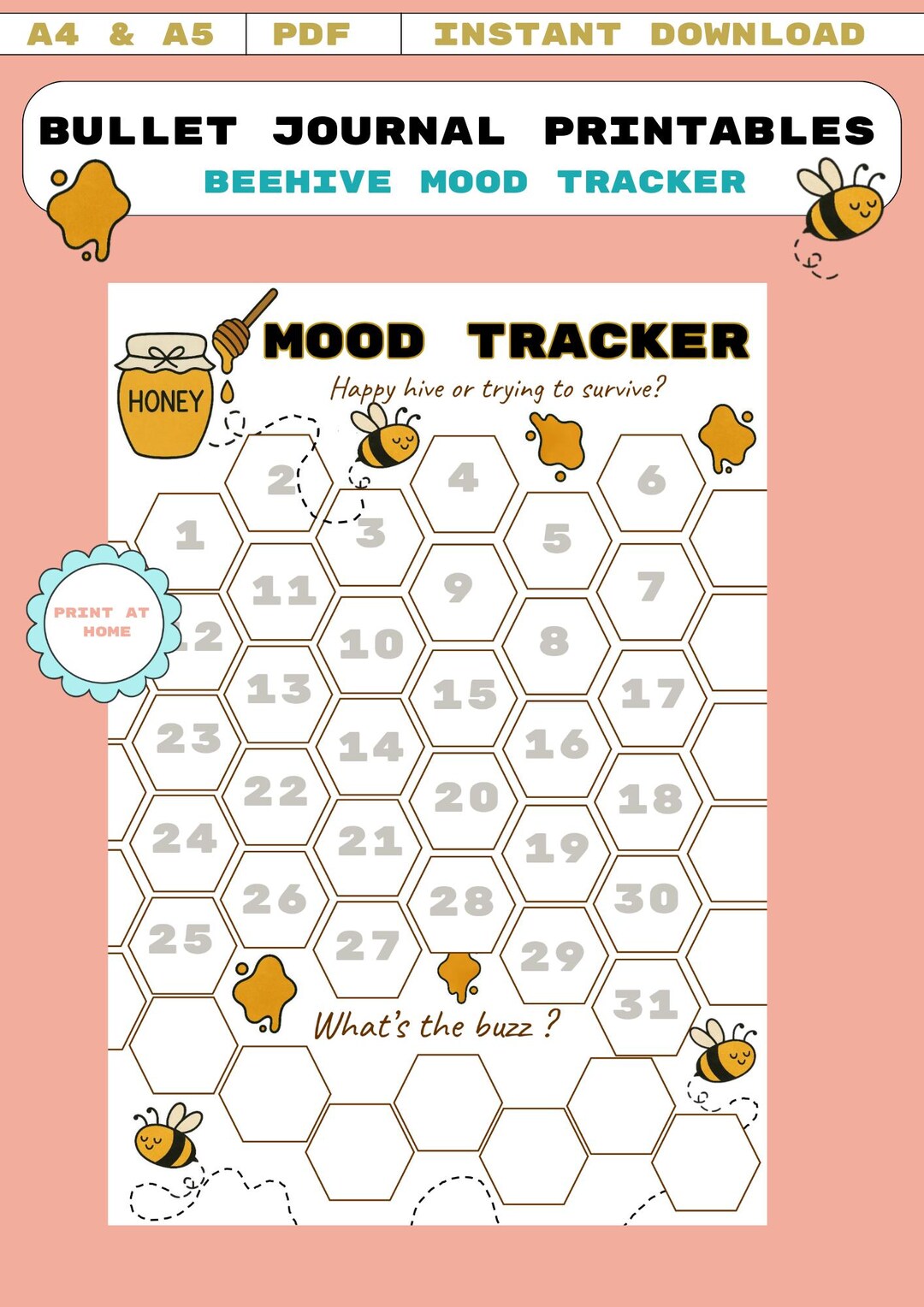 Beehive Mood Tracker Printable | Bullet Journal PDF | A4 & A5 | Colour ...