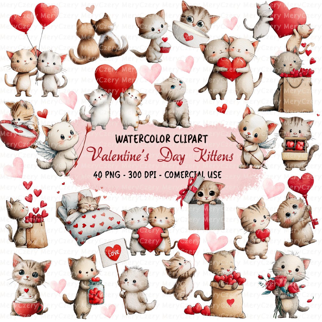 Valentine's Day Kittens Watercolor Clipart Set, Romantic Kittens Love ...