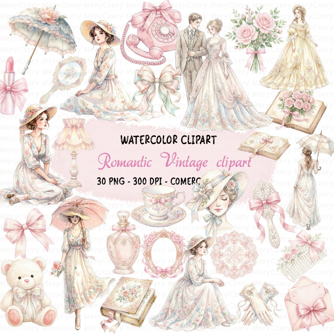 30 Romantic Vintage PNG, Valentine's Day Clipart Set, Romantic Woman ...