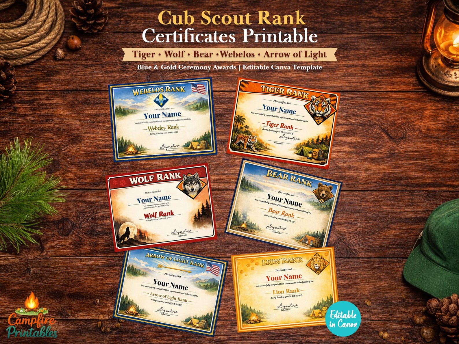 Cub Scout Rank Certificates | Editable Canva Template (digital Download ...
