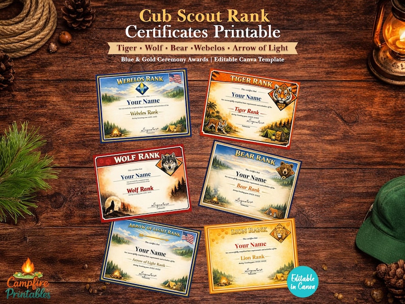 Cub Scout Rank Certificates | Editable Canva Template (digital Download ...