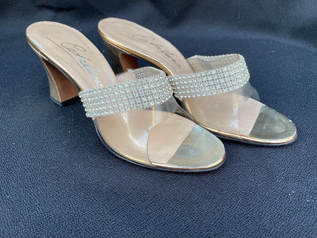 Vintage 1970s Gold Rhinestones Slide Heels - Etsy