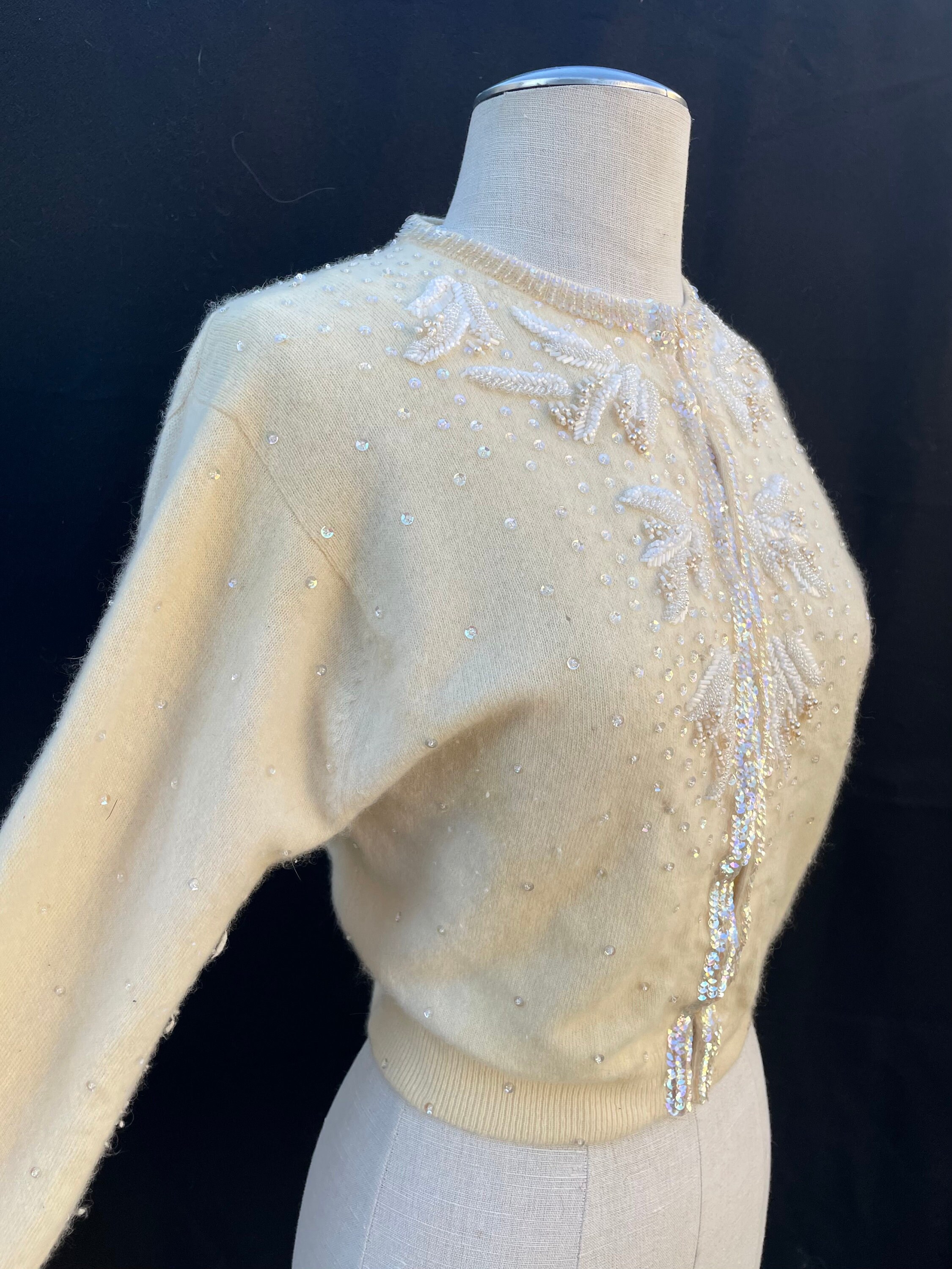 Vintage 1950s Angora Wool Iridescent Beaded Sweater Cardigan - Etsy