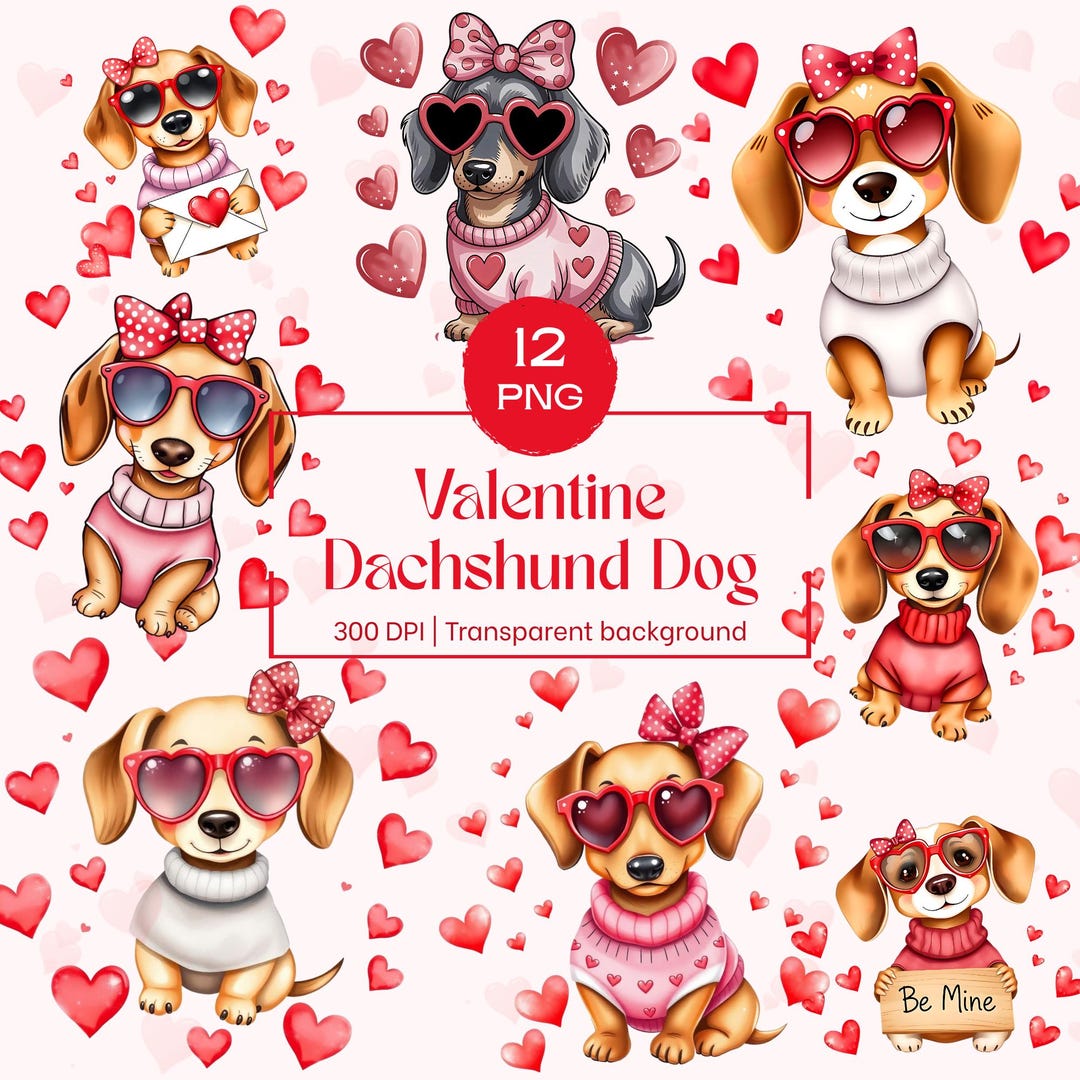 Valentine Dachshund Dog PNG Clipart Bundle, Cute Sausage Dog, Love ...
