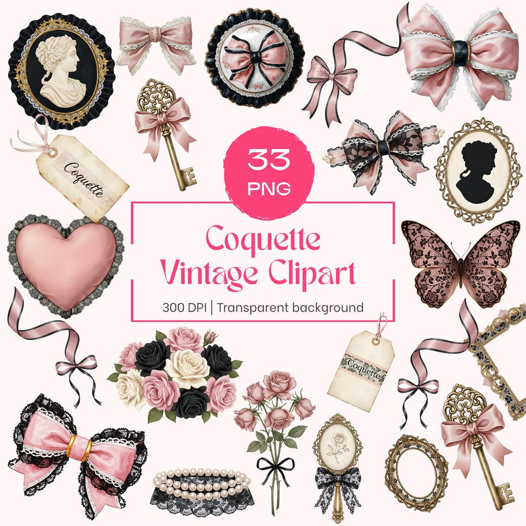 Coquette Vintage Bow Clipart Bundle, Pink & Black Lace Bows PNG, Shabby ...