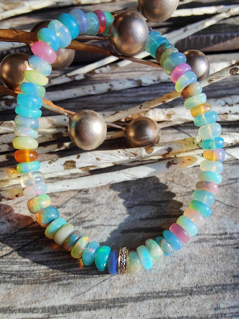 Ethiopian Opal Bracelet, 14k Gold Diamond Bead, Pastel Gemstone, Handmade - Etsy