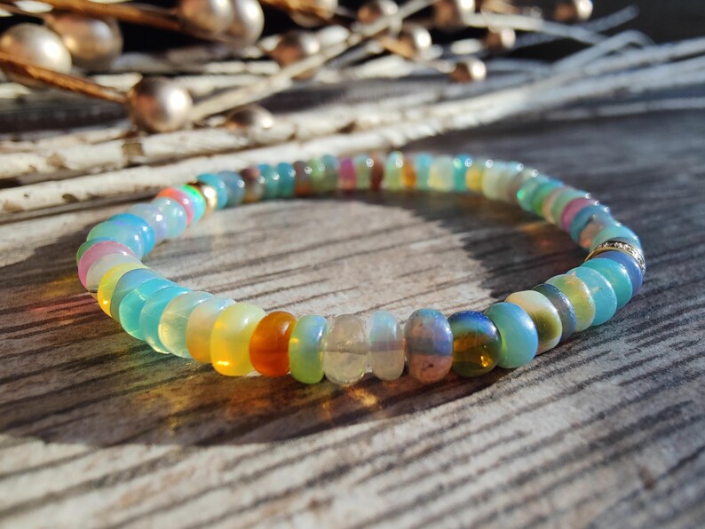 Ethiopian Opal Bracelet, 14k Gold Diamond Bead, Pastel Gemstone ...