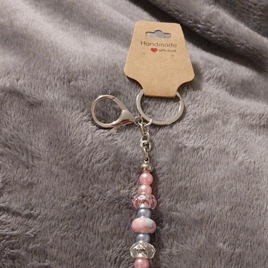 Pink Beaded Keychain - Silver Accent Keyring - Etsy