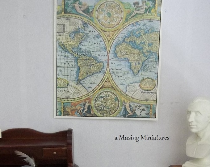 Miniature World Map Bookplate in Full Color for 1:12 Scale Dollhouse ...