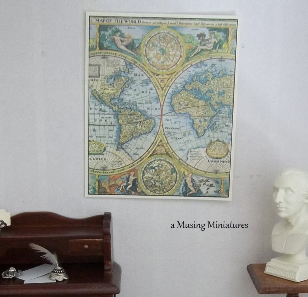 Miniature World Map Bookplate in Full Color for 1:12 Scale Dollhouse ...