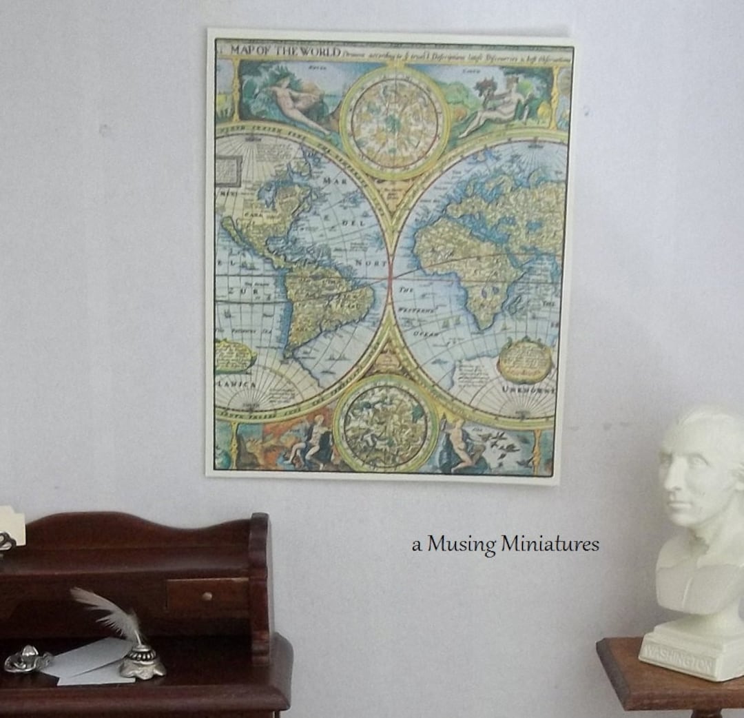 Miniature World Map Bookplate in Full Color for 1:12 Scale Dollhouse ...