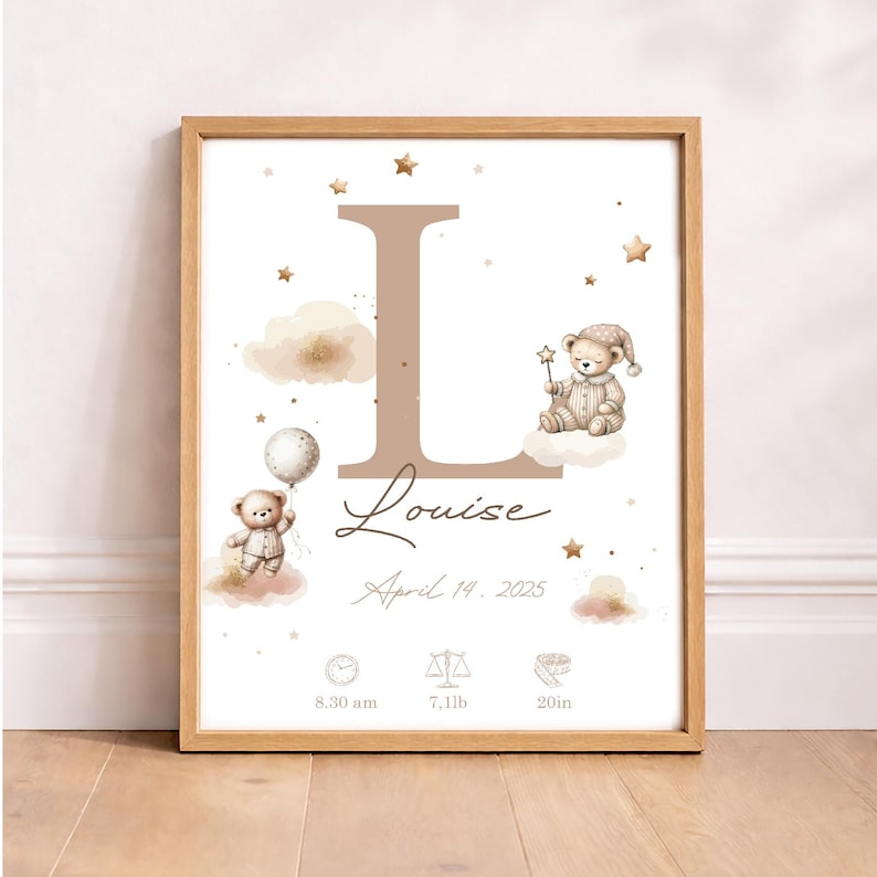Personalized Birth Poster With Initial & Teddy Bear, Unisex Vintage ...