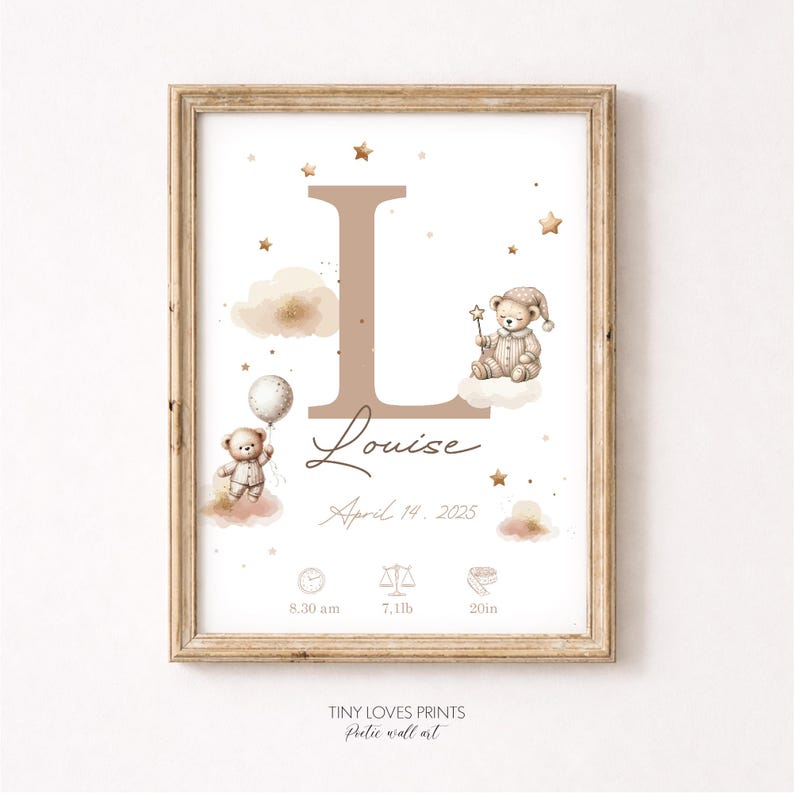 Personalized Birth Poster With Initial & Teddy Bear, Unisex Vintage ...