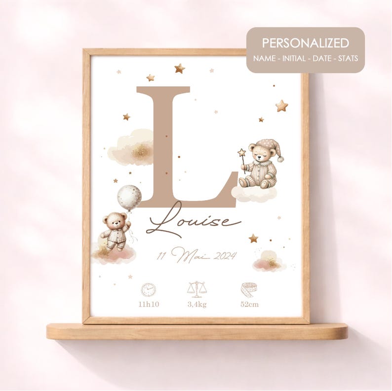 Personalized Birth Poster With Initial & Teddy Bear, Unisex Vintage ...