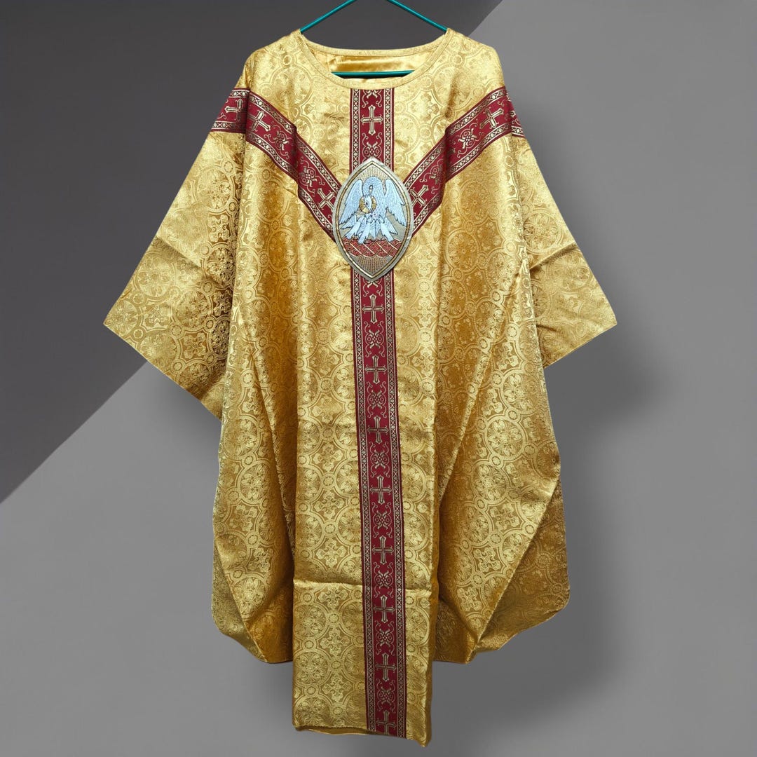 Hand-embroidered Pelican Applique Oval Gold Chasuble in Damask ...