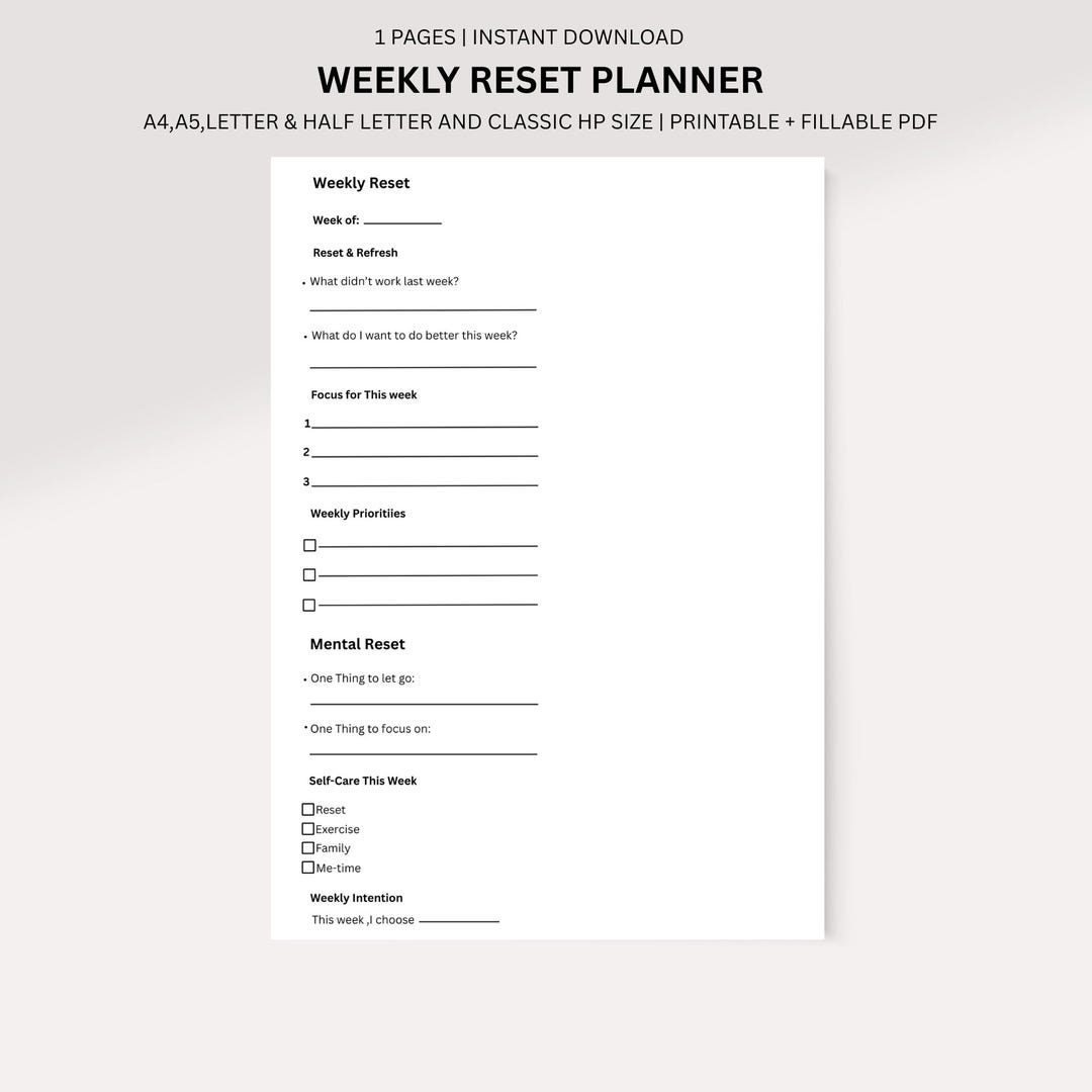 Weekly Reset Planner | Printable and Fillable PDF | Minimal Weekly ...