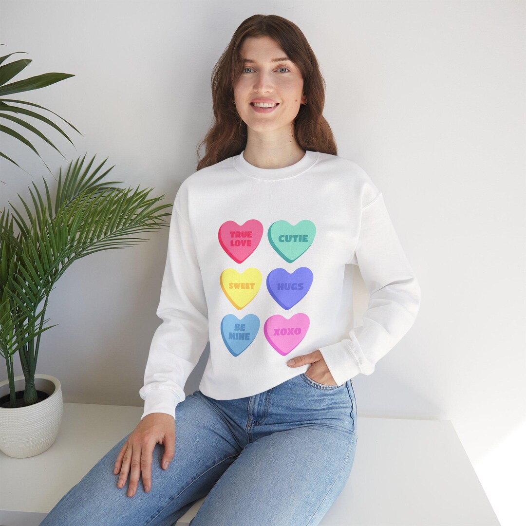 Candy Heart Stack Sweatshirt | Conversation Heart Design, Pastel ...