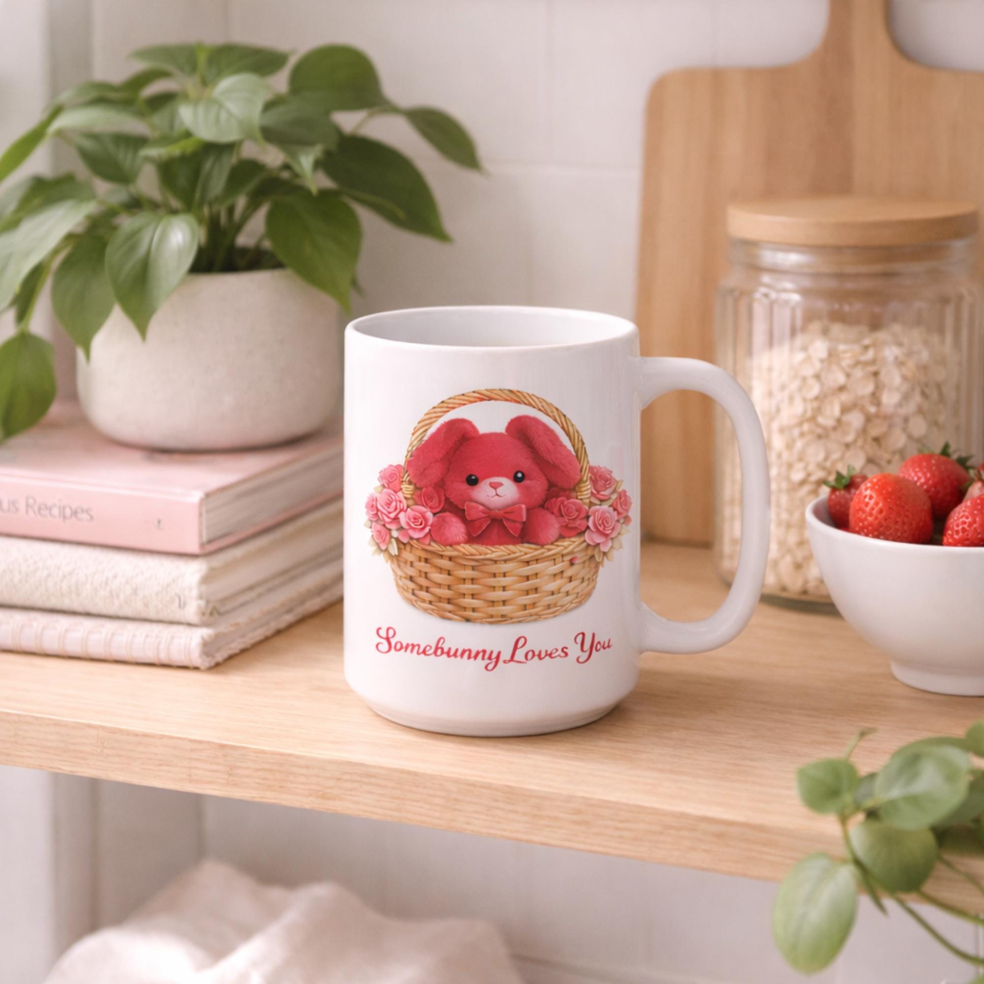 Somebunny Loves You Mug 15 Oz | Bunny in Flower Basket, Cute Bunny ...