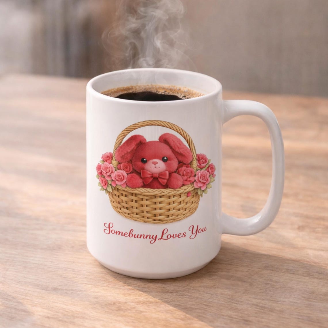 Somebunny Loves You Mug 15 Oz | Bunny in Flower Basket, Cute Bunny ...