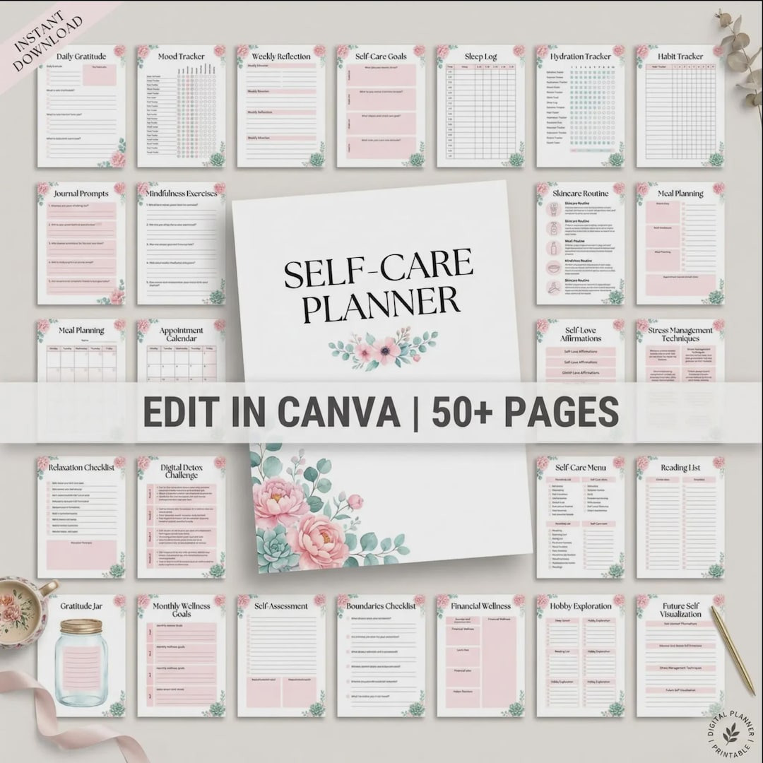 50 Pages Self-care Planner Canva Template, Editable Daily Wellness ...