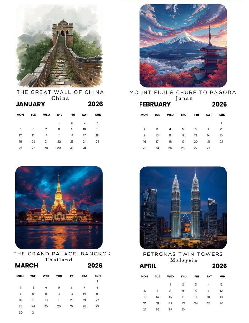 2026 Asia Travel Calendar & Monthly Planner | 12 Beautiful Asian ...