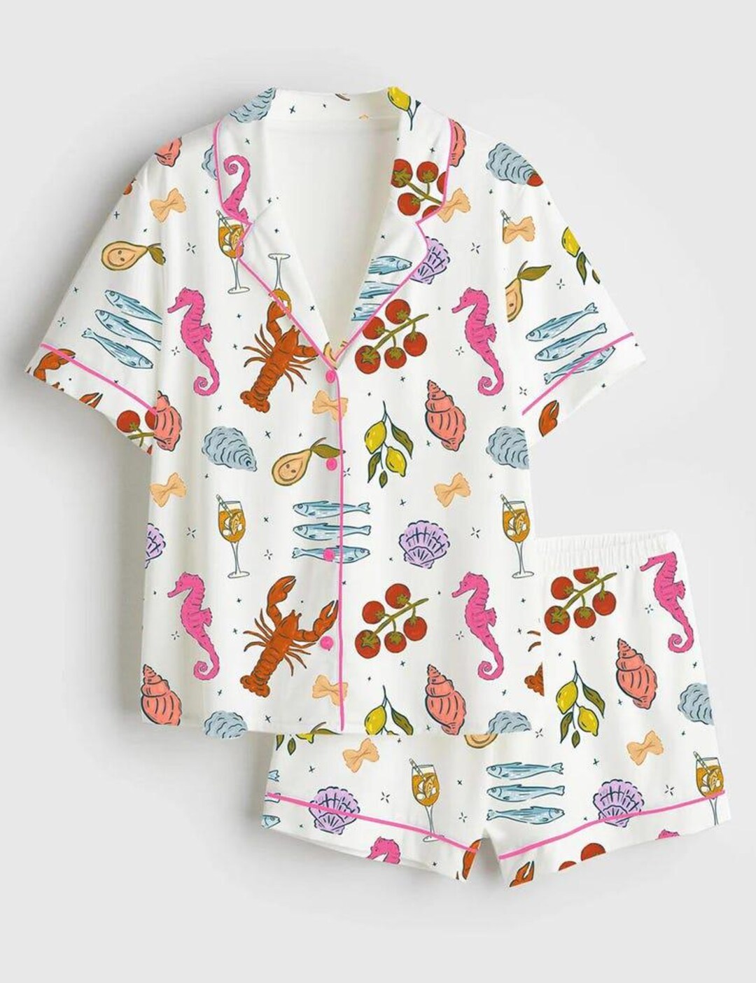 Seahorse Lobster Pajama Set Women, Coastal Seafood Print Sleepwear ...